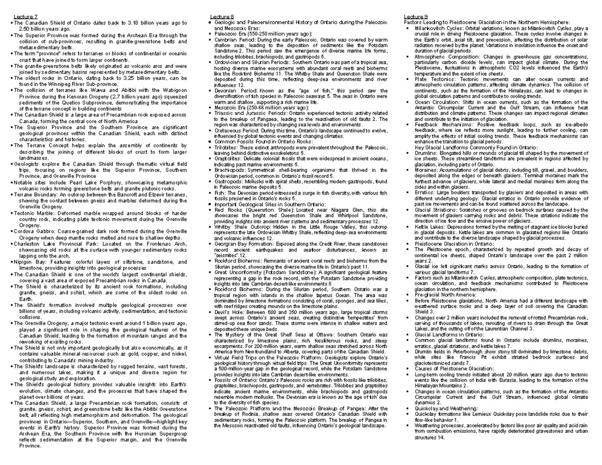 Lecture 7-12 cheat sheet - Lecture 7 The Canadian Shield of Ontario ...