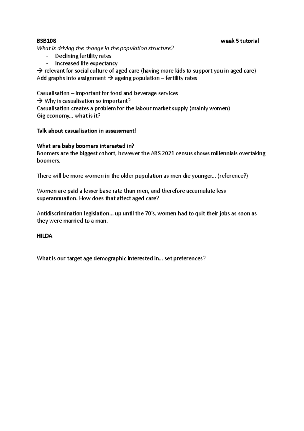 BSB108week 5 tutorial - notes - BSB108 week 5 tutorial What is driving ...