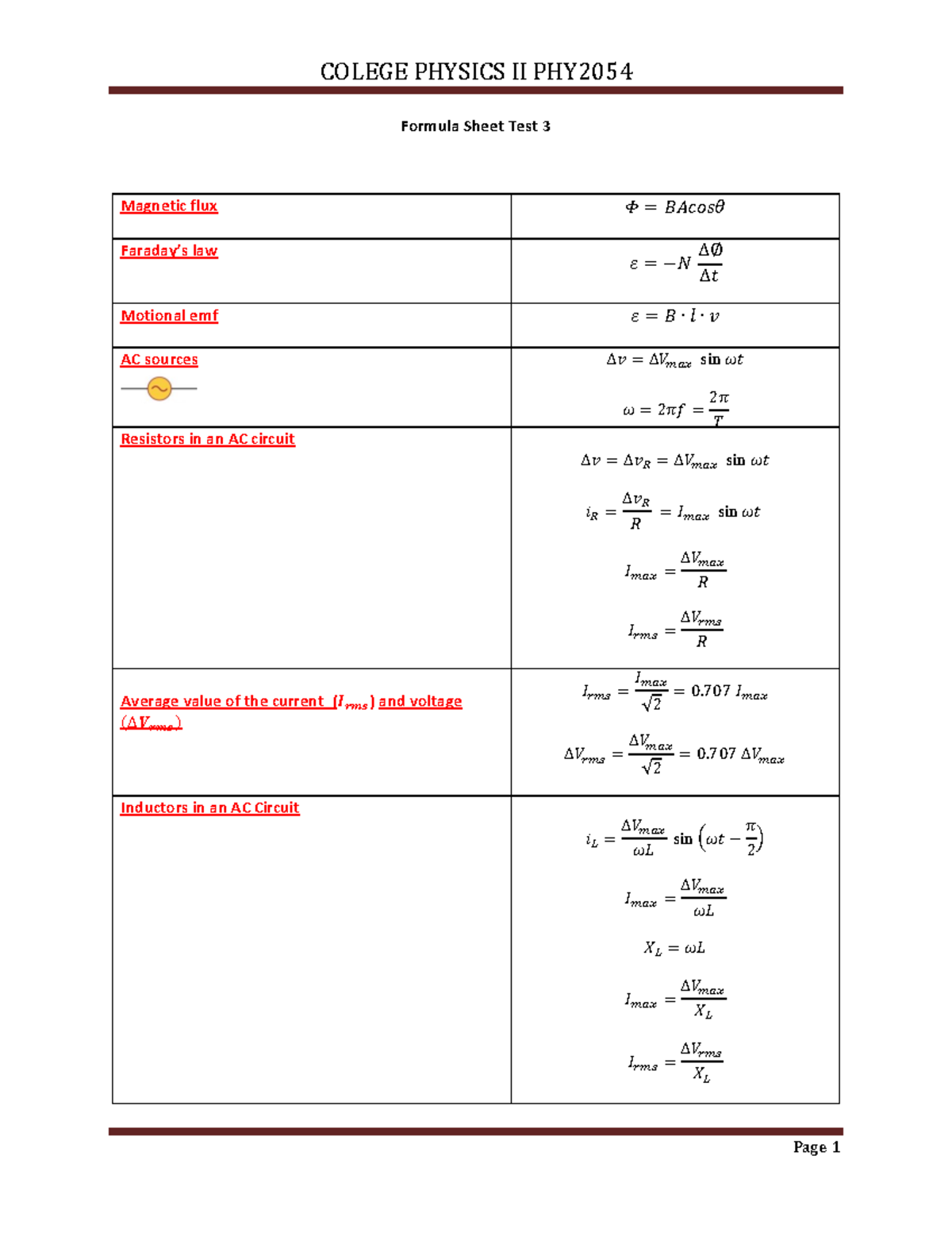 Formula Sheet Test 3 - COLEGE PHYSICS II PHY Page 1 Formula Sheet Test ...