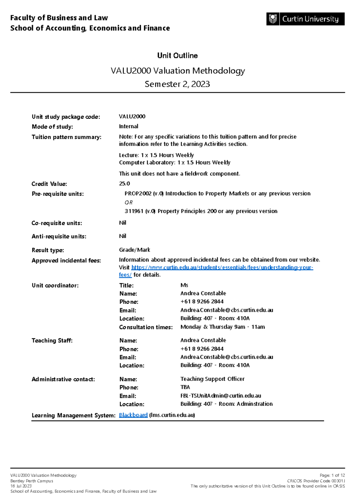 VALU2000 Valuation Methodology Semester 2 2023 Bentley Perth Campus INT ...
