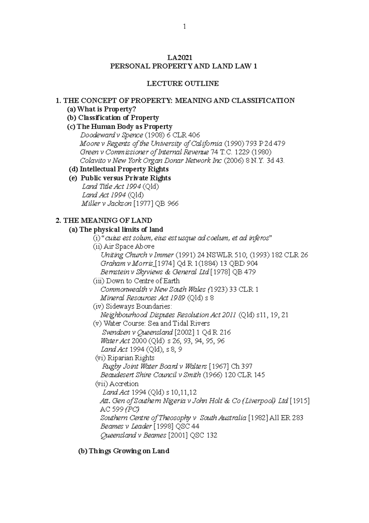 Lecture Outline for Land law A - LA PERSONAL PROPERTY AND LAND LAW 1 ...