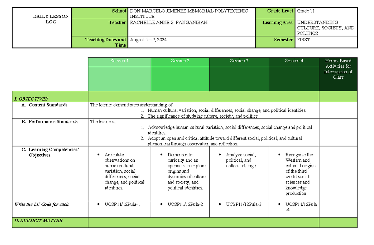 UCSP 11 Q1W1 2 - Lesson plan in Understanding Culture, Society and ...