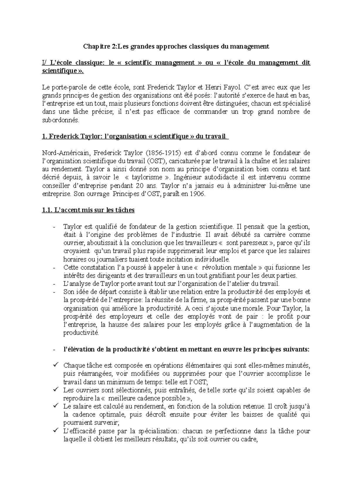 Chapitre 2 - Chapitre 2:Les grandes approches classiques du management ...