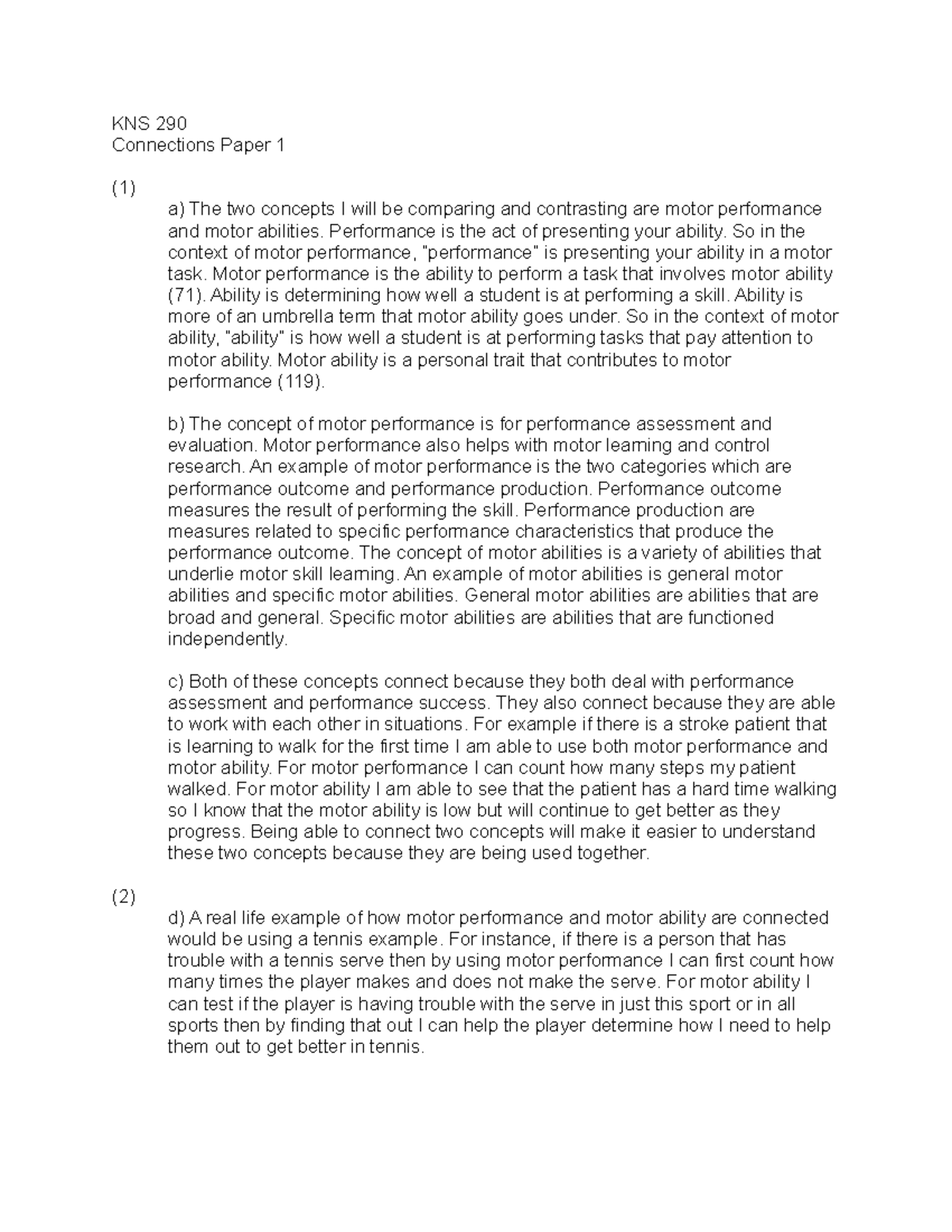 Kinesiology 290 Connections Paper 1 - KNS 290 Connections Paper 1 (1) a ...