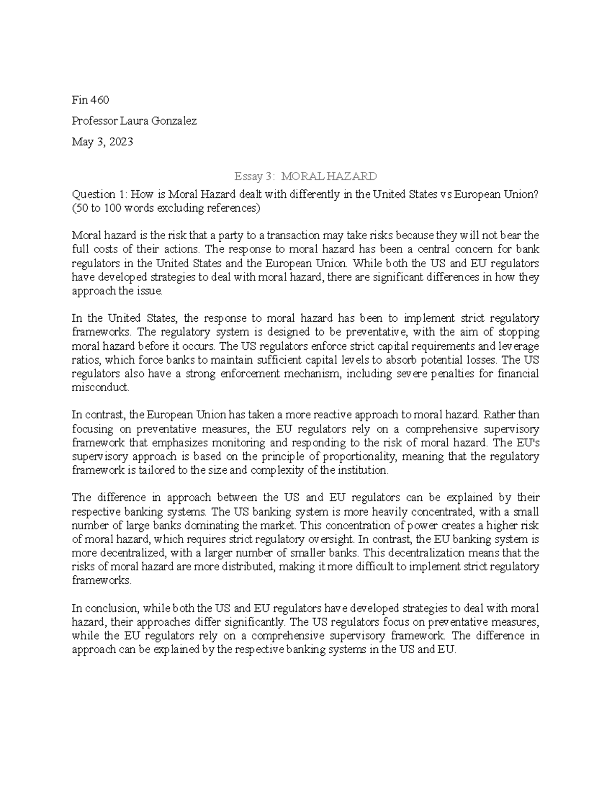 Fin 460 Essay 3 - Fin 460 Professor Laura Gonzalez May 3, 2023 Essay 3 ...