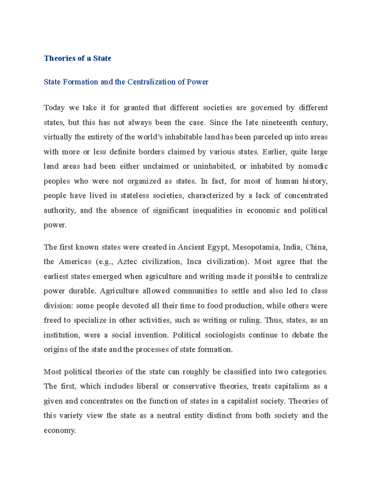 Theories of State - Theories of a State State Formation and the ...