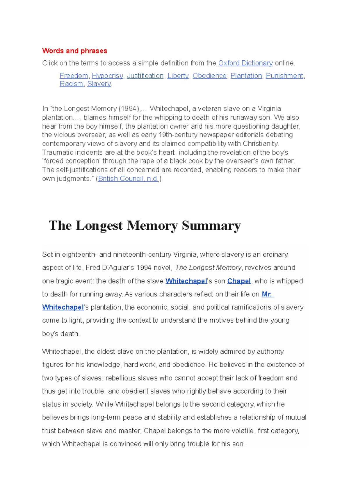 The Longest Memory Key words and summary - Words and phrases Click on ...
