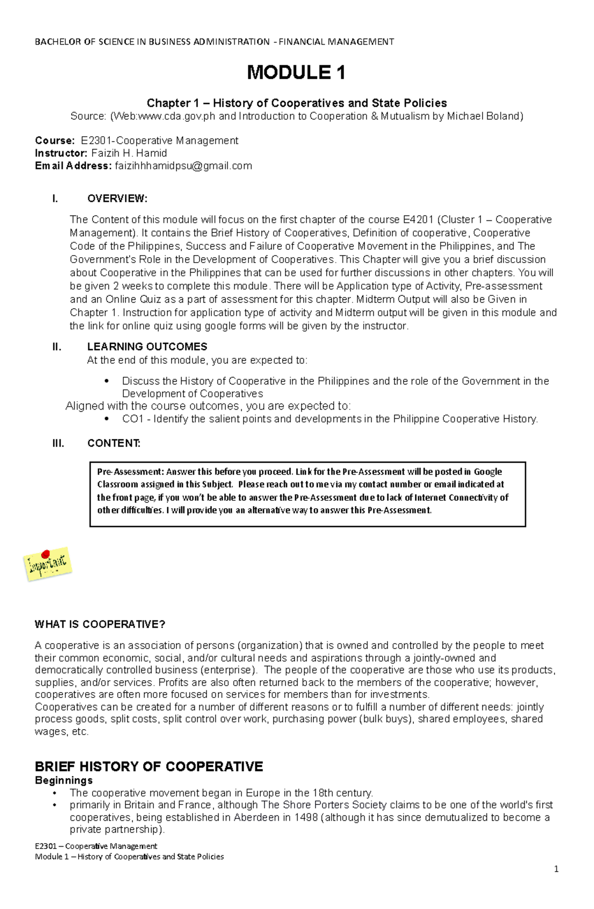 Module 1 History of Cooperatives and State Policies - MODULE 1 Chapter 1 – History of ...