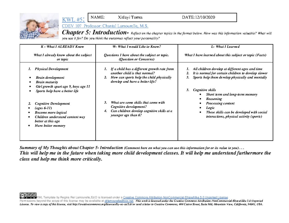 Chapter 5 and 6 KWL - KWLS - KWL #5: CDEV 107 Professor: Chantal ...