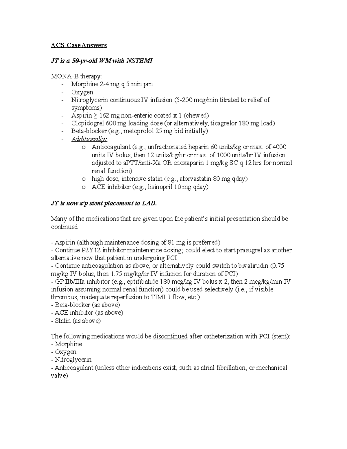 ACS case answers - lecture notes - ACS Case Answers JT is a 50-yr-old ...