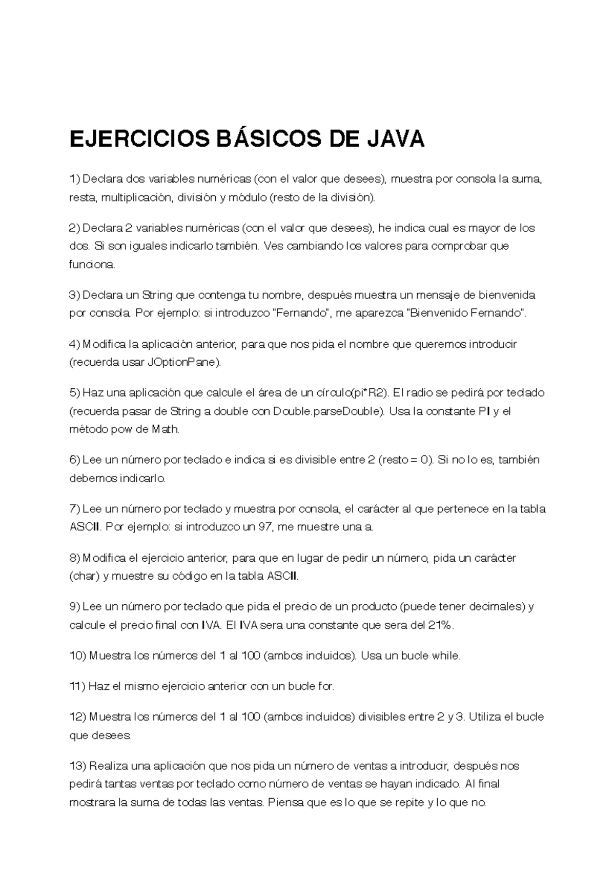 Ejercicios Basicos Java - Declara dos variables numéricas (con el valor ...