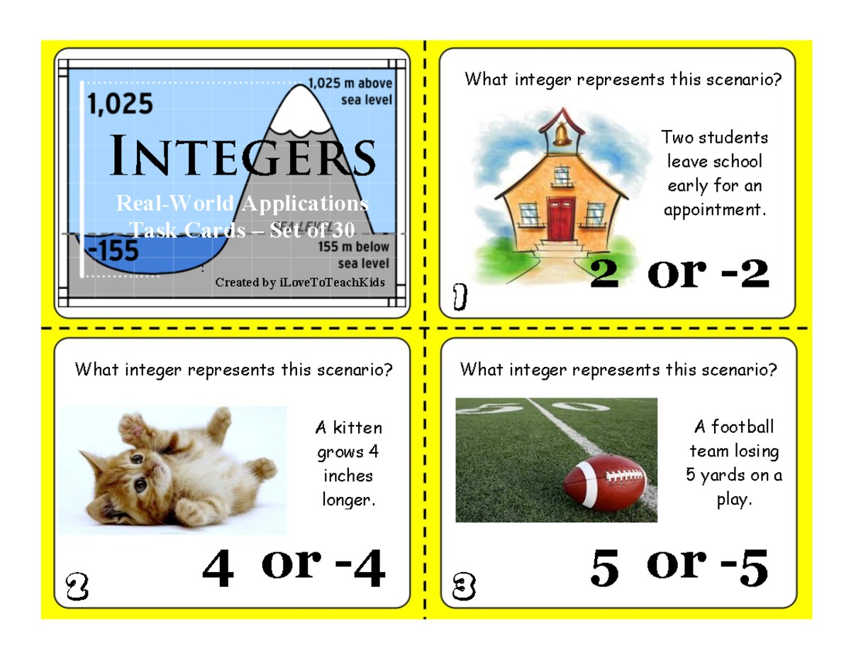 Real world integers task cards - Two students leave school early for an ...