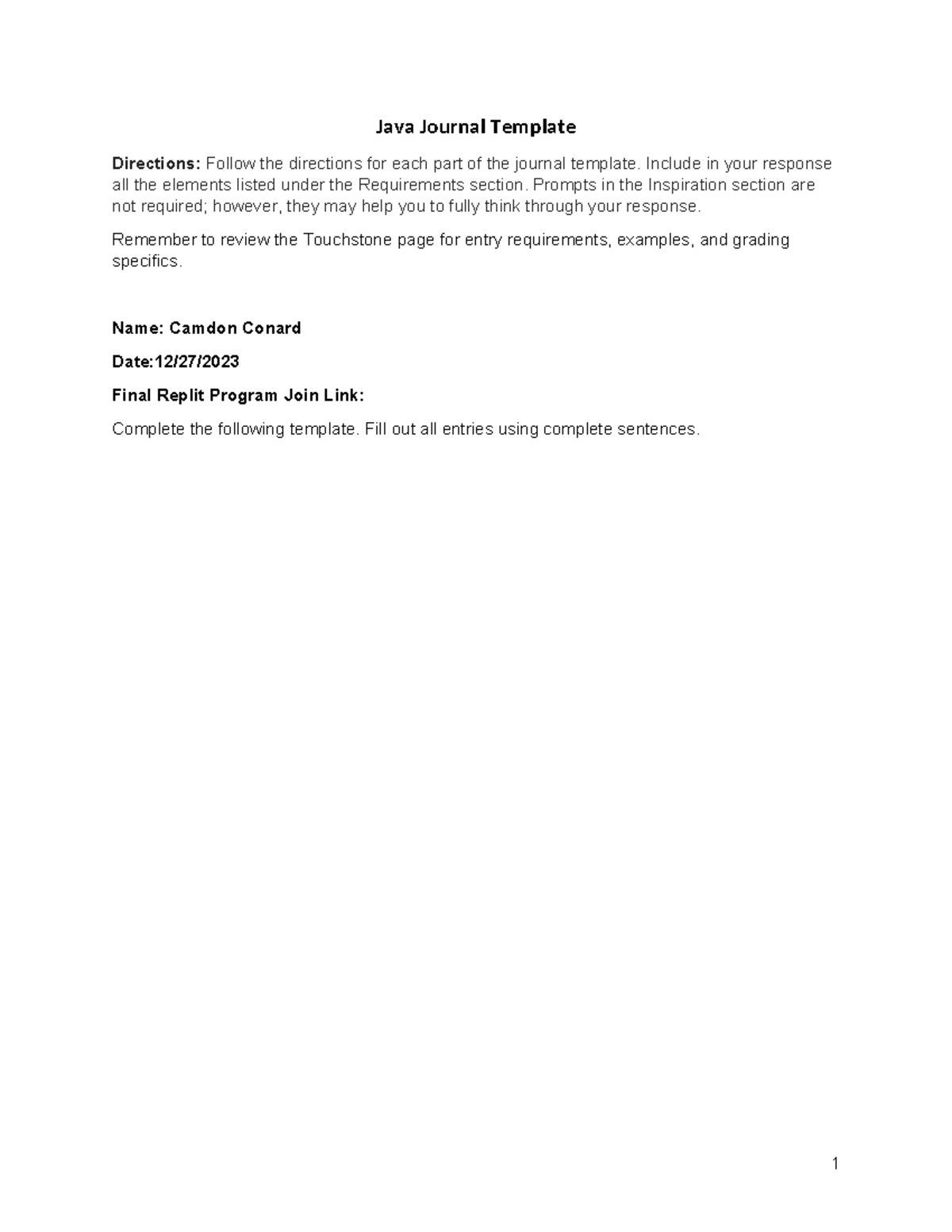 Java Project Journal Java Journal Template Directions Follow The Directions For Each Part Of