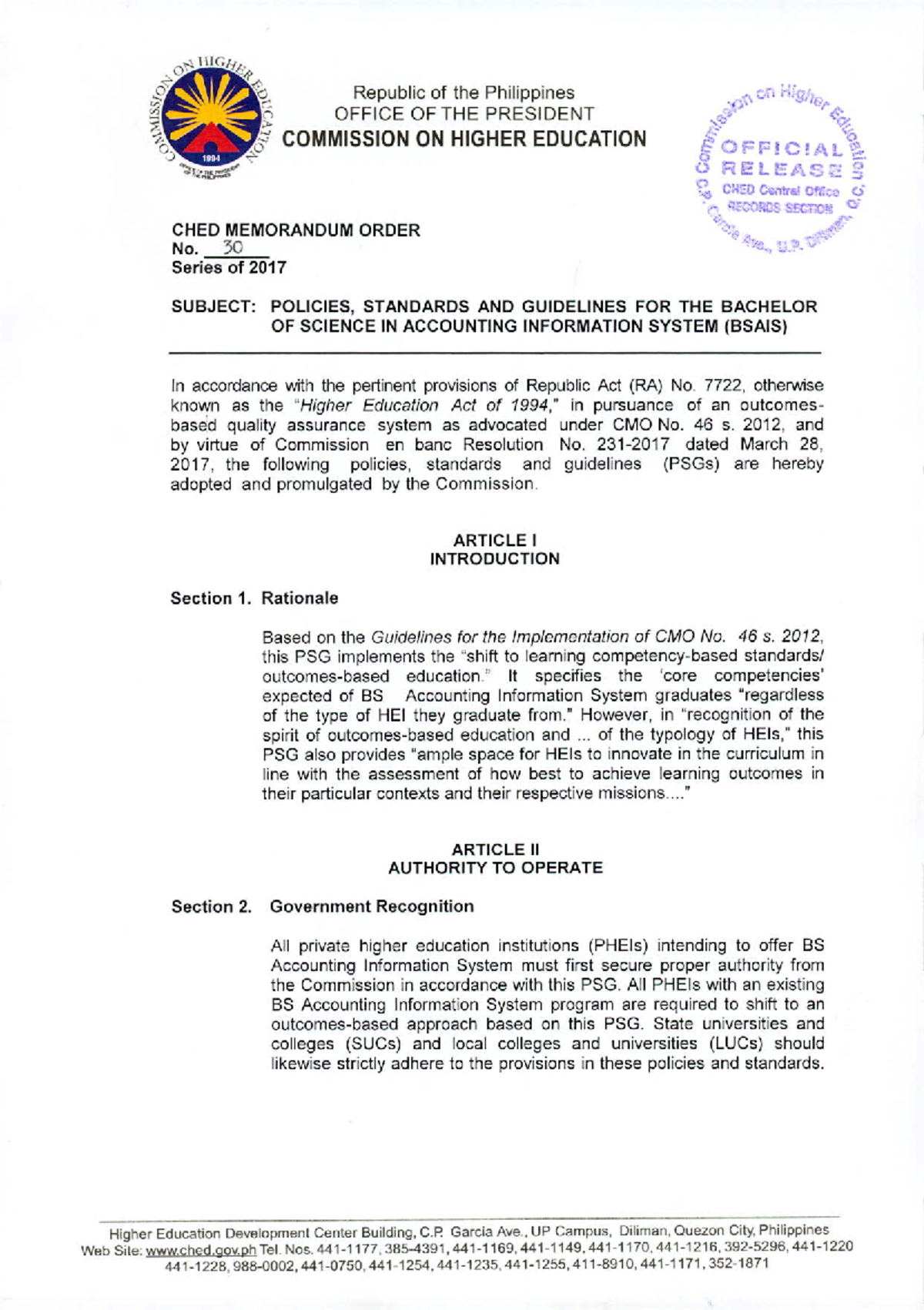 CMO 30 s 2017 - Nasi - Bachelor of science in civil engineering - Studocu