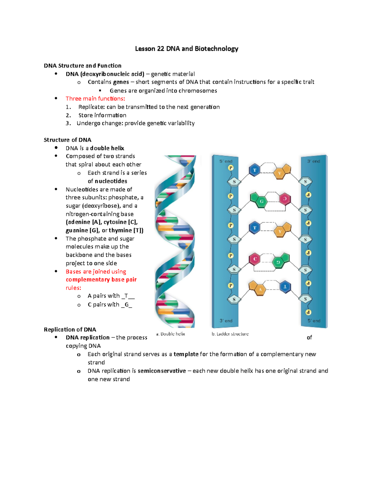 Lesson 22 Notes fill in - none - Lesson 22 DNA and Biotechnology DNA ...