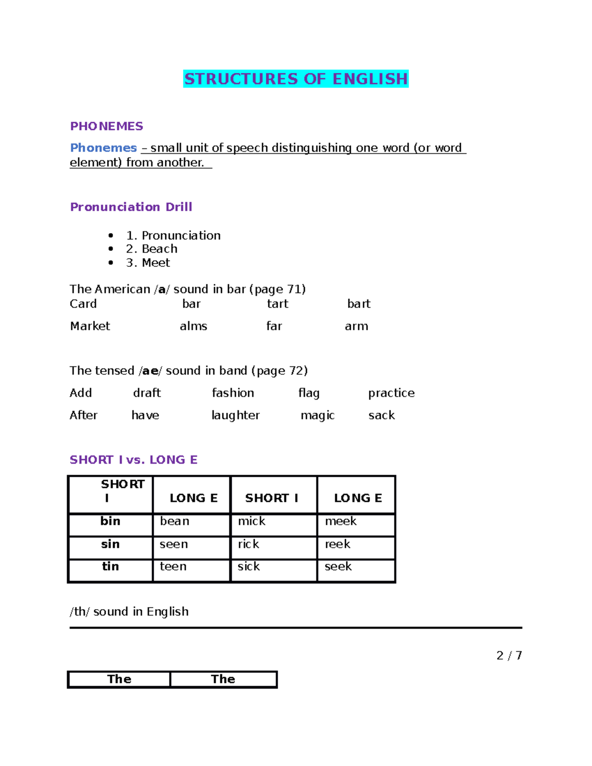 Structures OF English - STRUCTURES OF ENGLISH PHONEMES Phonemes – small unit of speech - Studocu