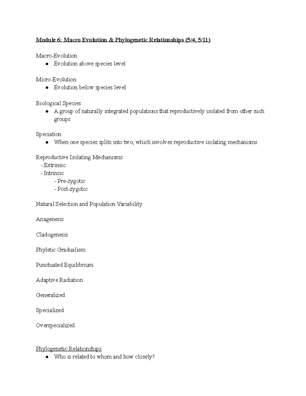 Anthro 2B Final Study Guide - Module 6: Macro Evolution & Phylogenetic Relationships (5/4, 5/11 ...