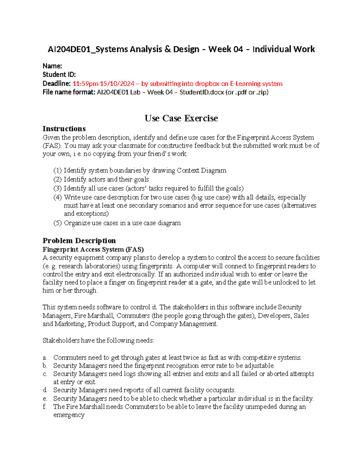 AI204DE01 Lab – Week 04 - AI work - AI204DE01_Systems Analysis & Design – Week 0 4 – Individual ...
