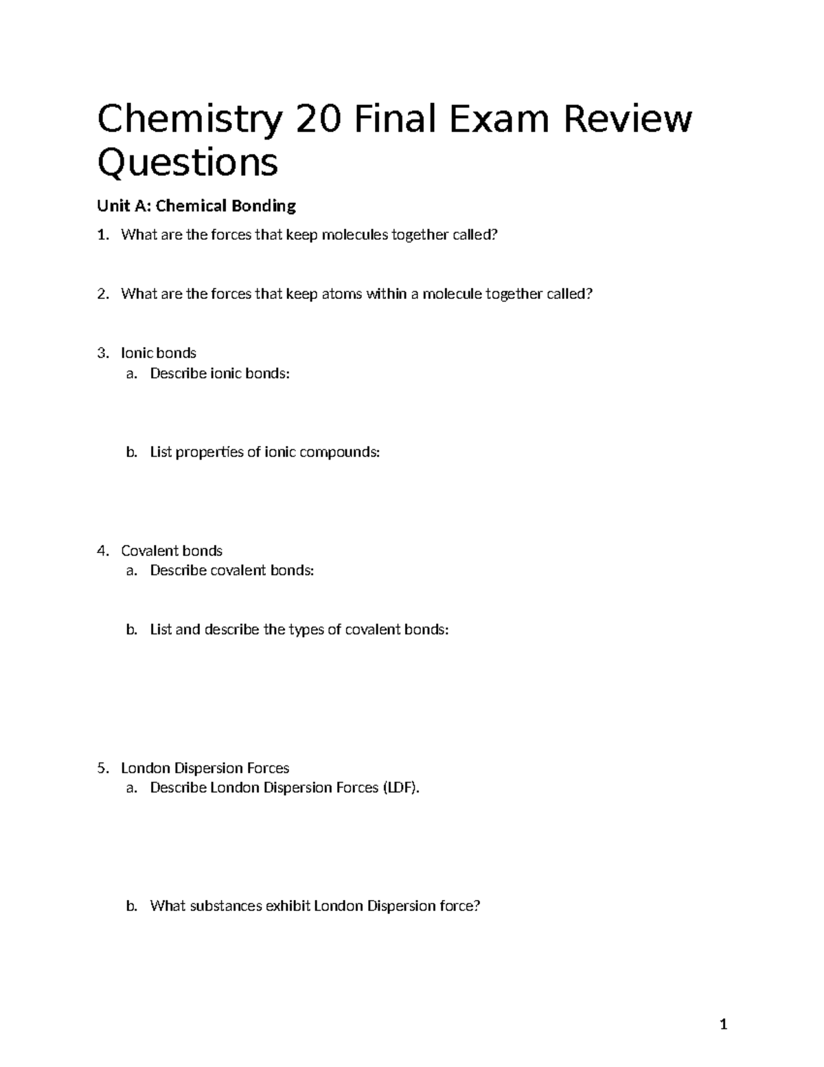 Final Exam Practice Questions 2018 - Chemistry 20 Final Exam Review ...