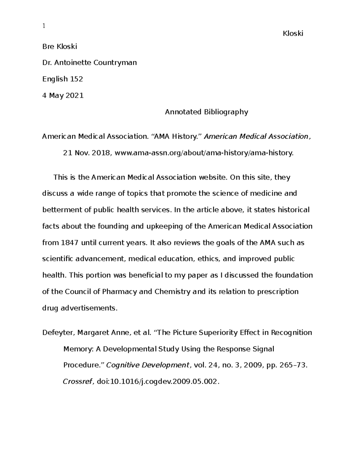 Annotated Bibliography - Kloski Bre Kloski Dr. Antoinette Countryman ...