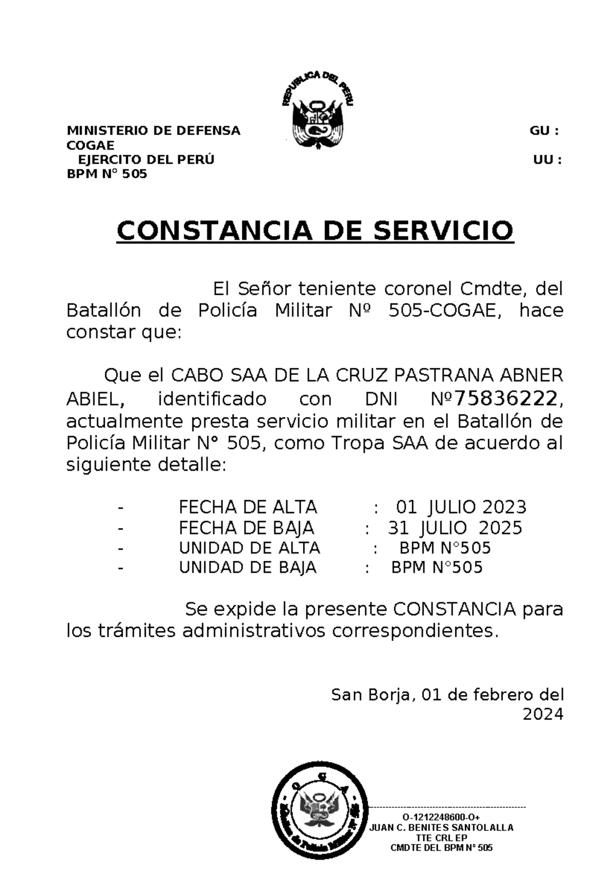 B - cuartel - MINISTERIO DE DEFENSA GU : COGAE EJERCITO DEL PERÚ UU : BPM N° 505 CONSTANCIA DE ...