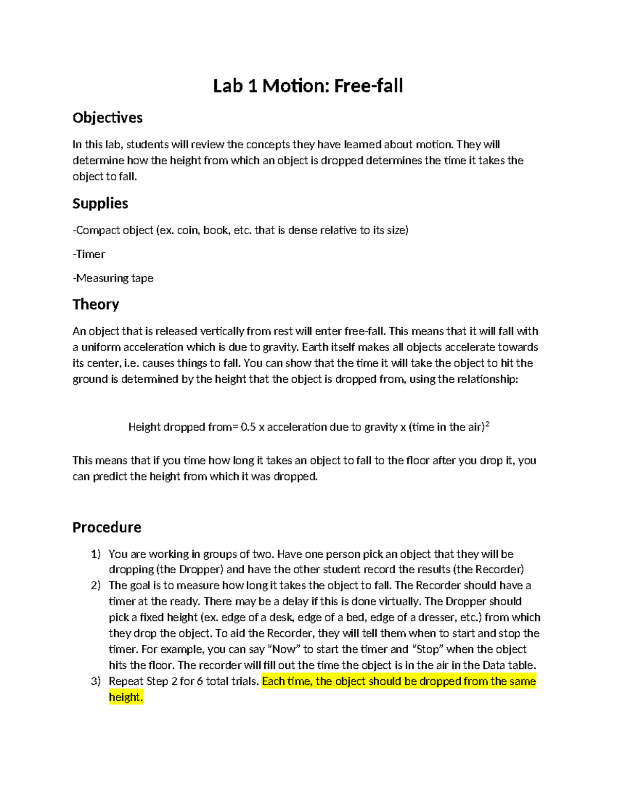 Lab 1 Motion W - Lap one - Lab 1 Motion: Free-fall Objectives In this ...