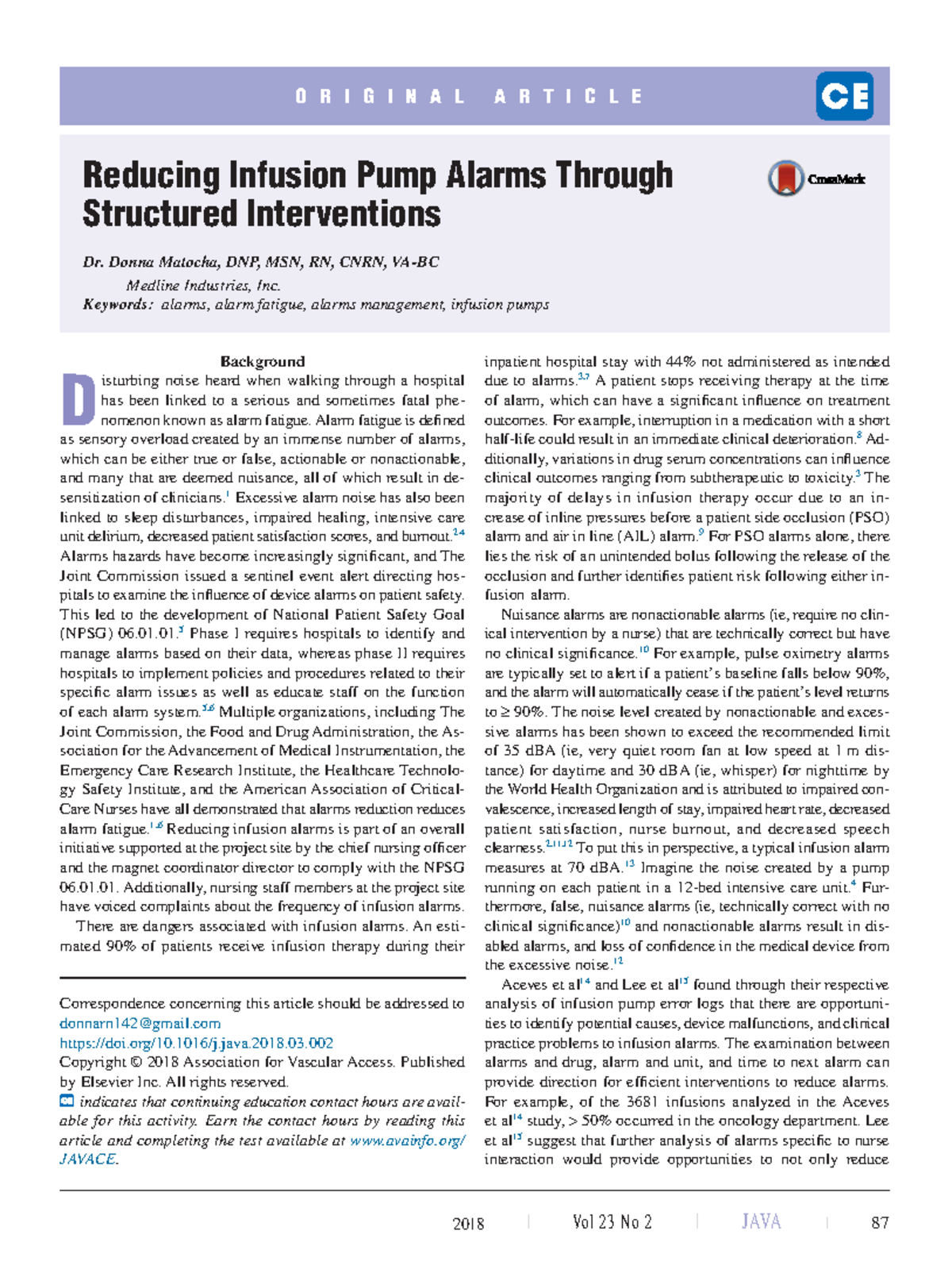 Reducing Infusion Pump Alarms Through Structured Interventions - Donna Matocha, DNP, MSN, RN ...