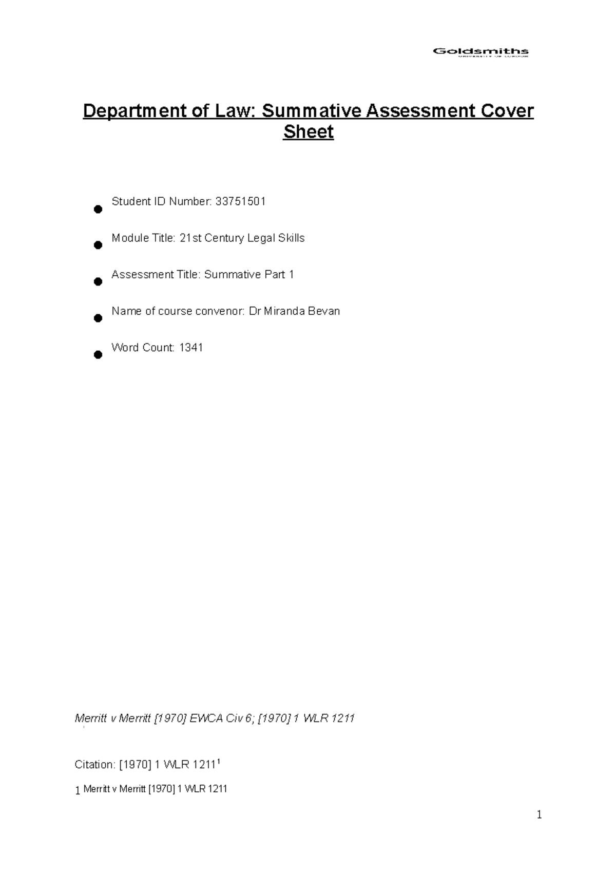 Summative part one - draft - Department of Law: Summative Assessment Cover Sheet Student ID ...