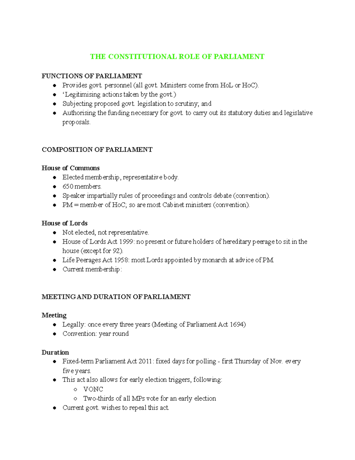 Constitutional Role of Parliament UNIT 1, SUB-UNIT 3 - THE ...