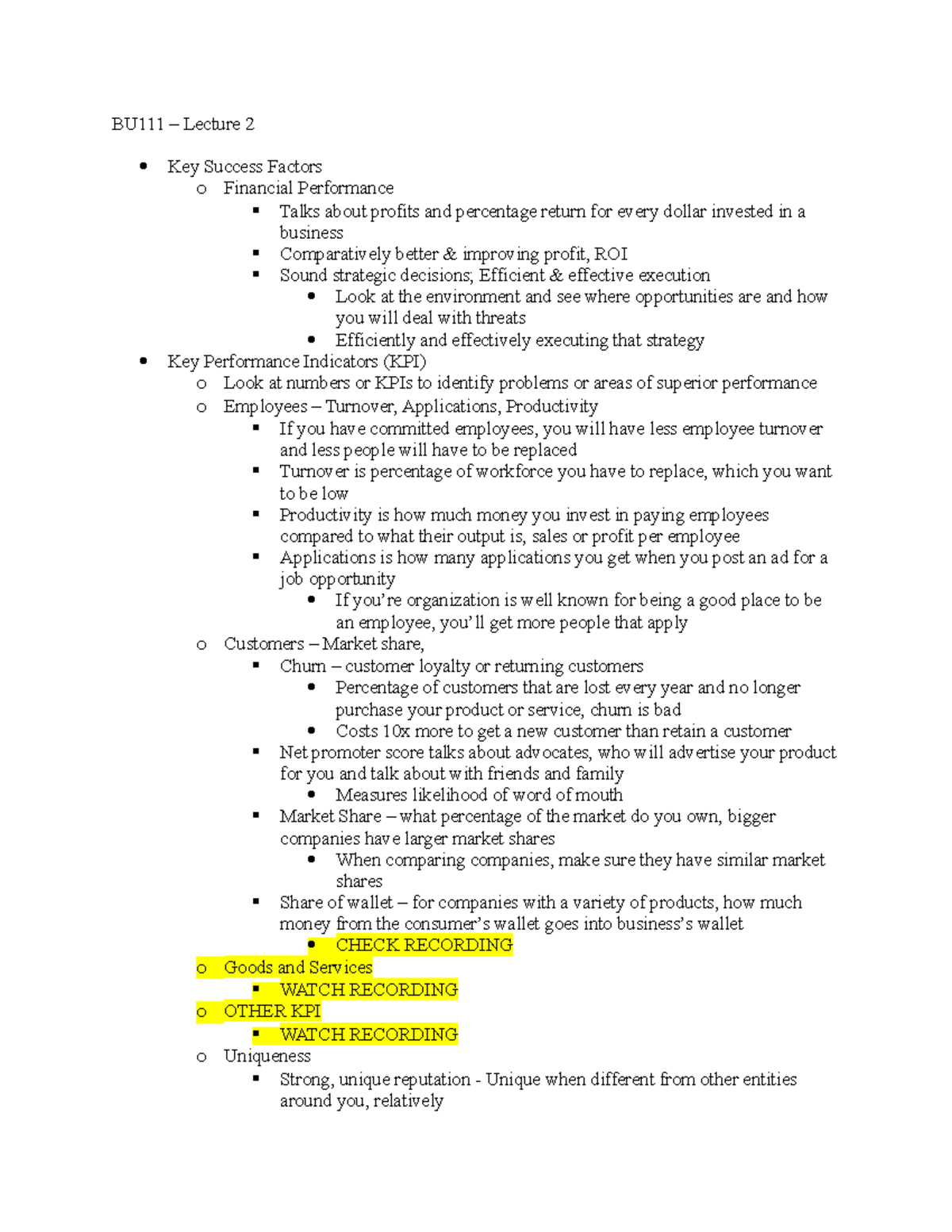 BU111 Lecture 2 - BU111 – Lecture 2 Key Success Factors o Financial ...