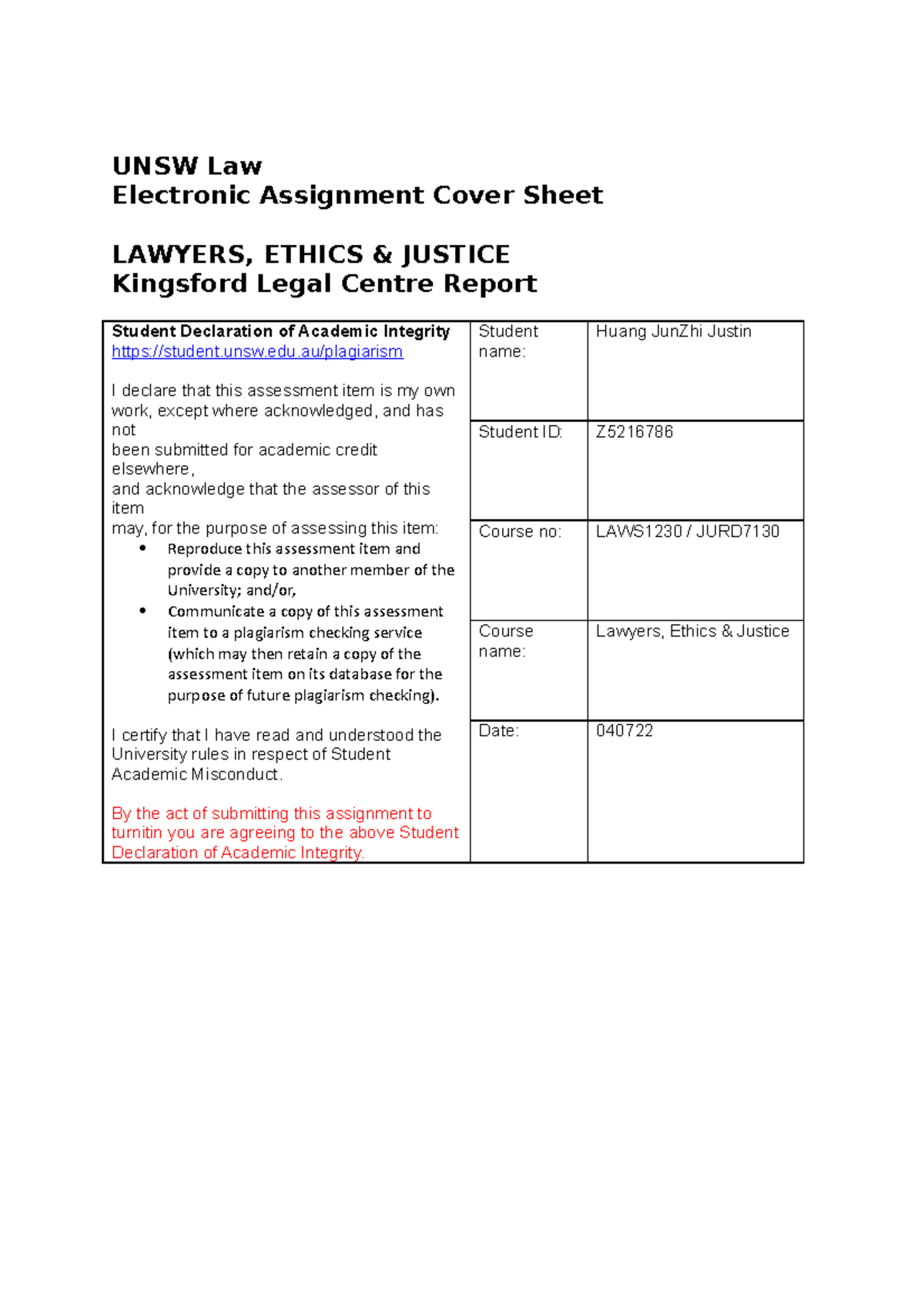 KLC Assignment - UNSW Law Electronic Assignment Cover Sheet LAWYERS ...