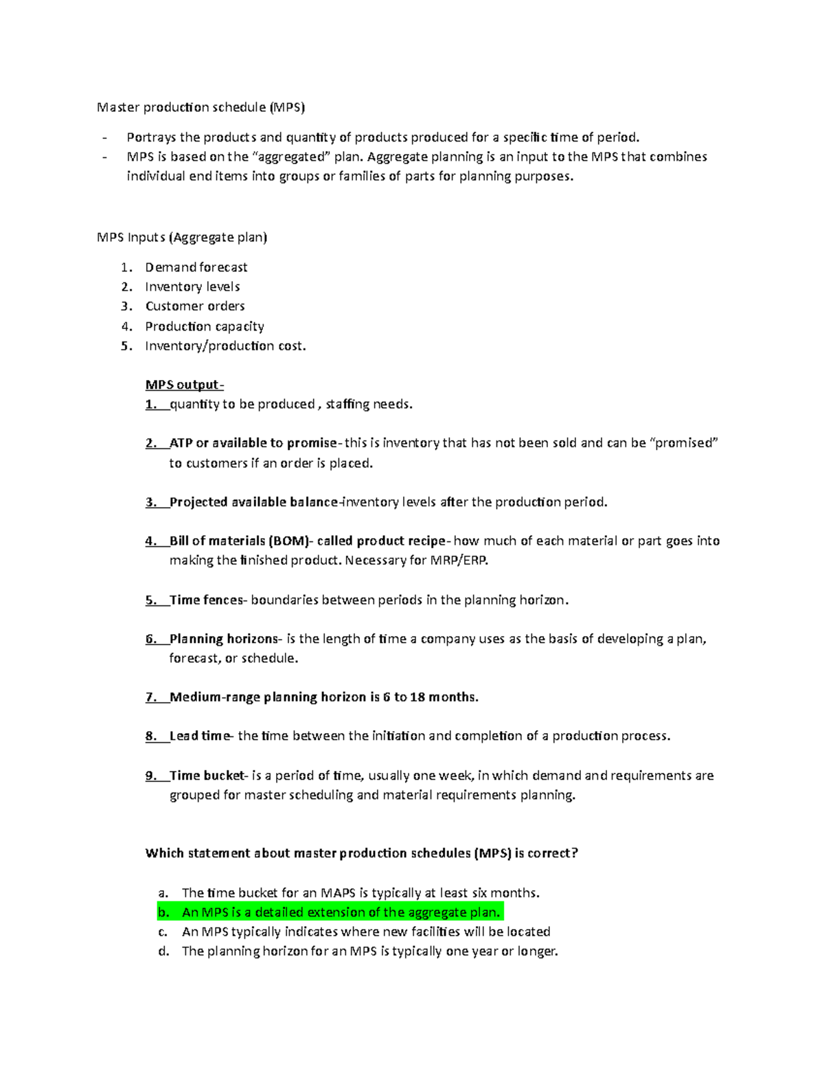 Materials requirement planning model - Master production schedule (MPS ...