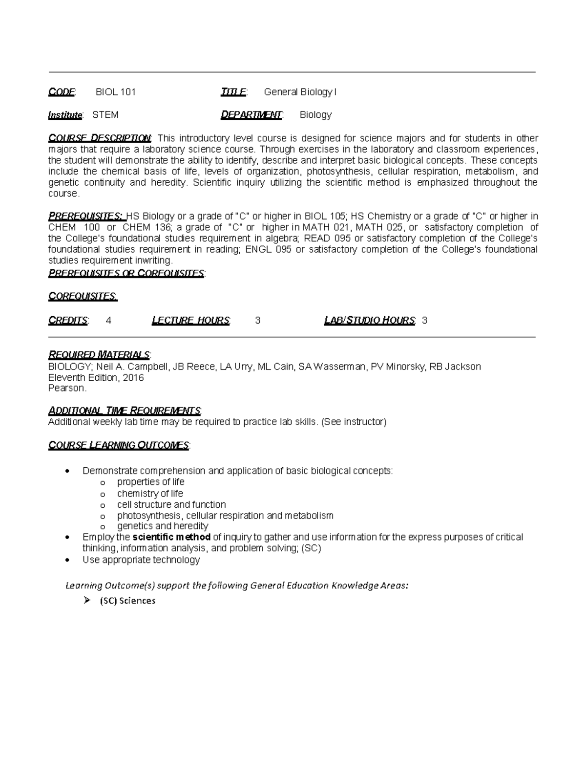 BIOL-101 - outline of biology 101 - CODE: BIOL 101 TITLE: General ...