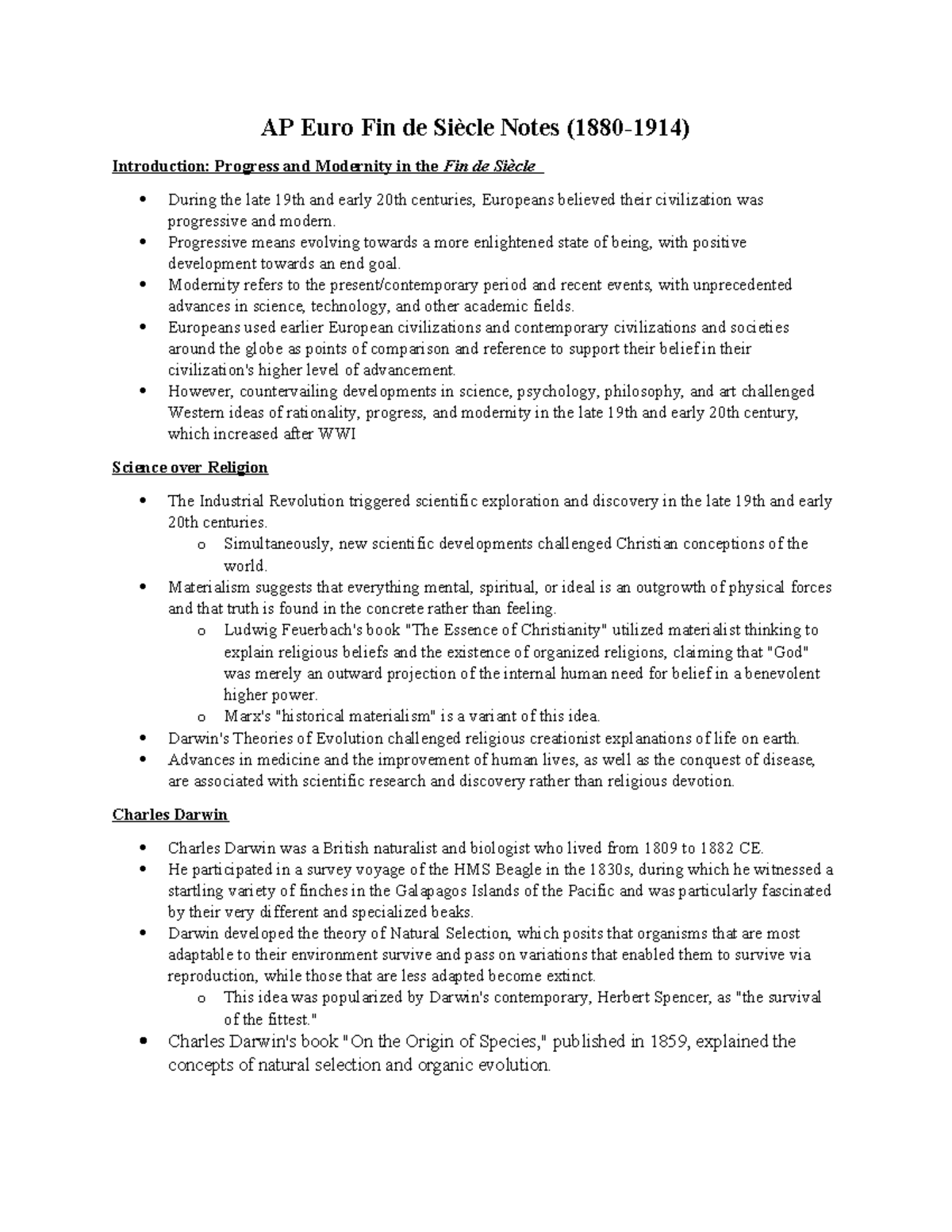 AP Euro Fin de Siècle Notes - AP Euro Fin de Siècle Notes (1880-1914 ...