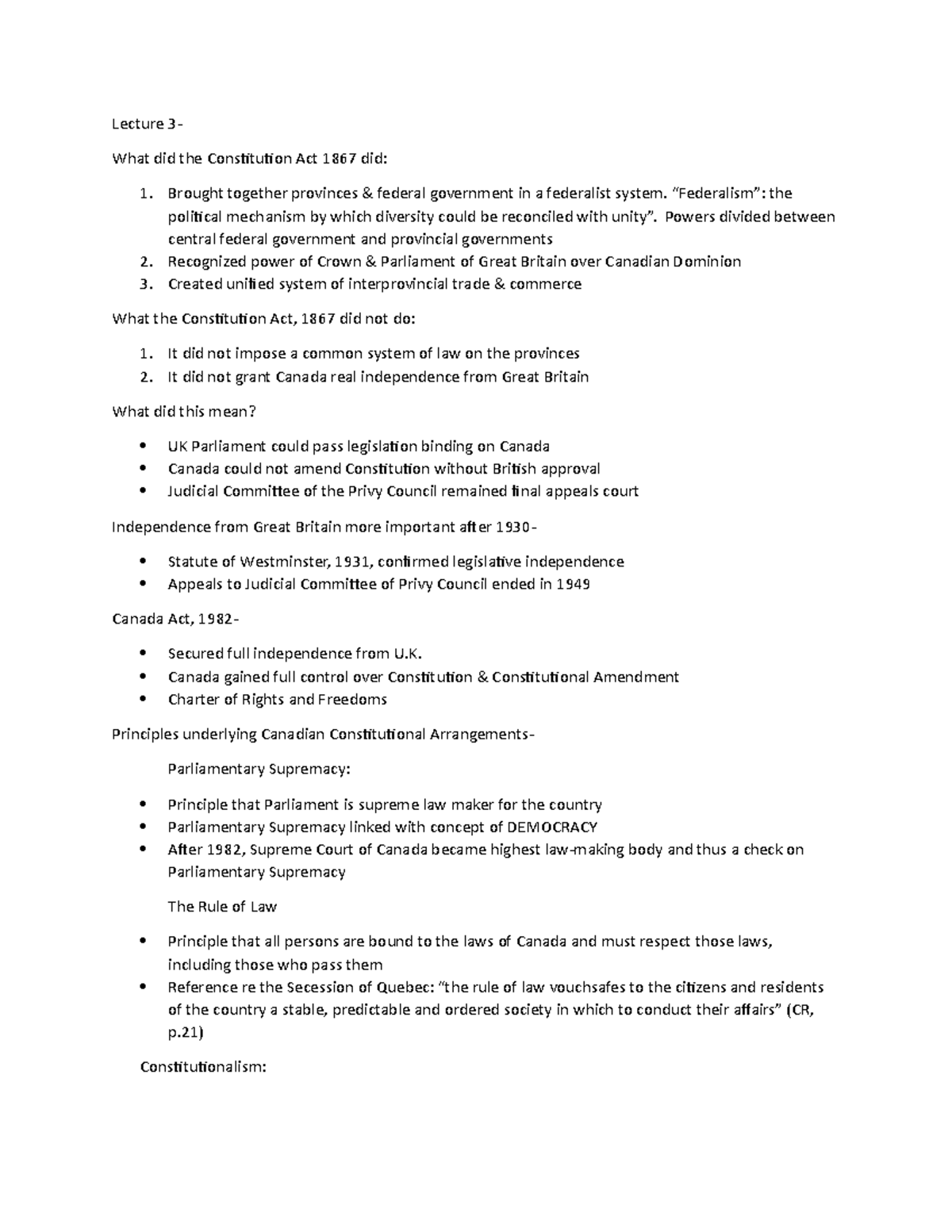 Lecture 3 Notes 2018 - Lecture 3- What did the Constitution Act 1867 ...