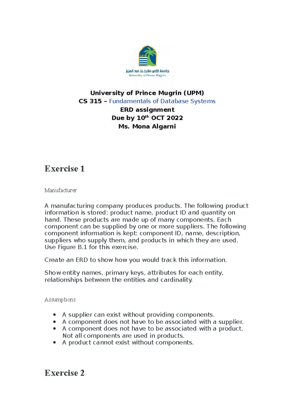 1ST Assignment ERD - Cs351 - University of Prince Mugrin (UPM) CS 315 ...
