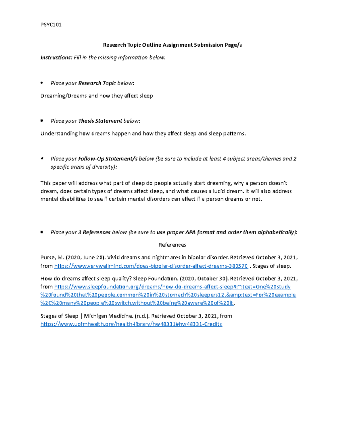 Research Topic Outline Assignment Submission Page - PSYC Research Topic Outline Assignment - Studocu