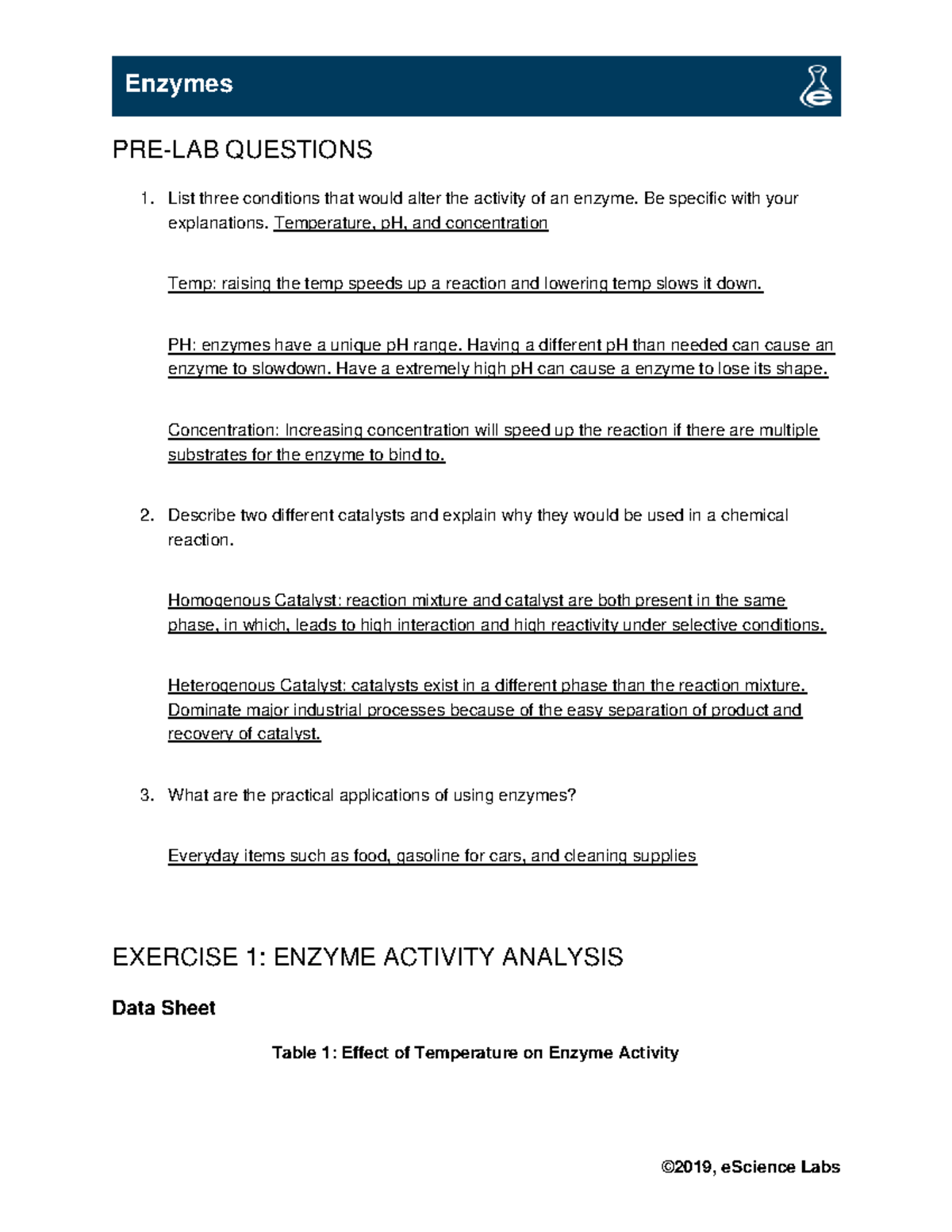 IB 1201 L05 Enzymes - ©201 9 , eScience Labs Enzymes PRE-LAB QUESTIONS ...