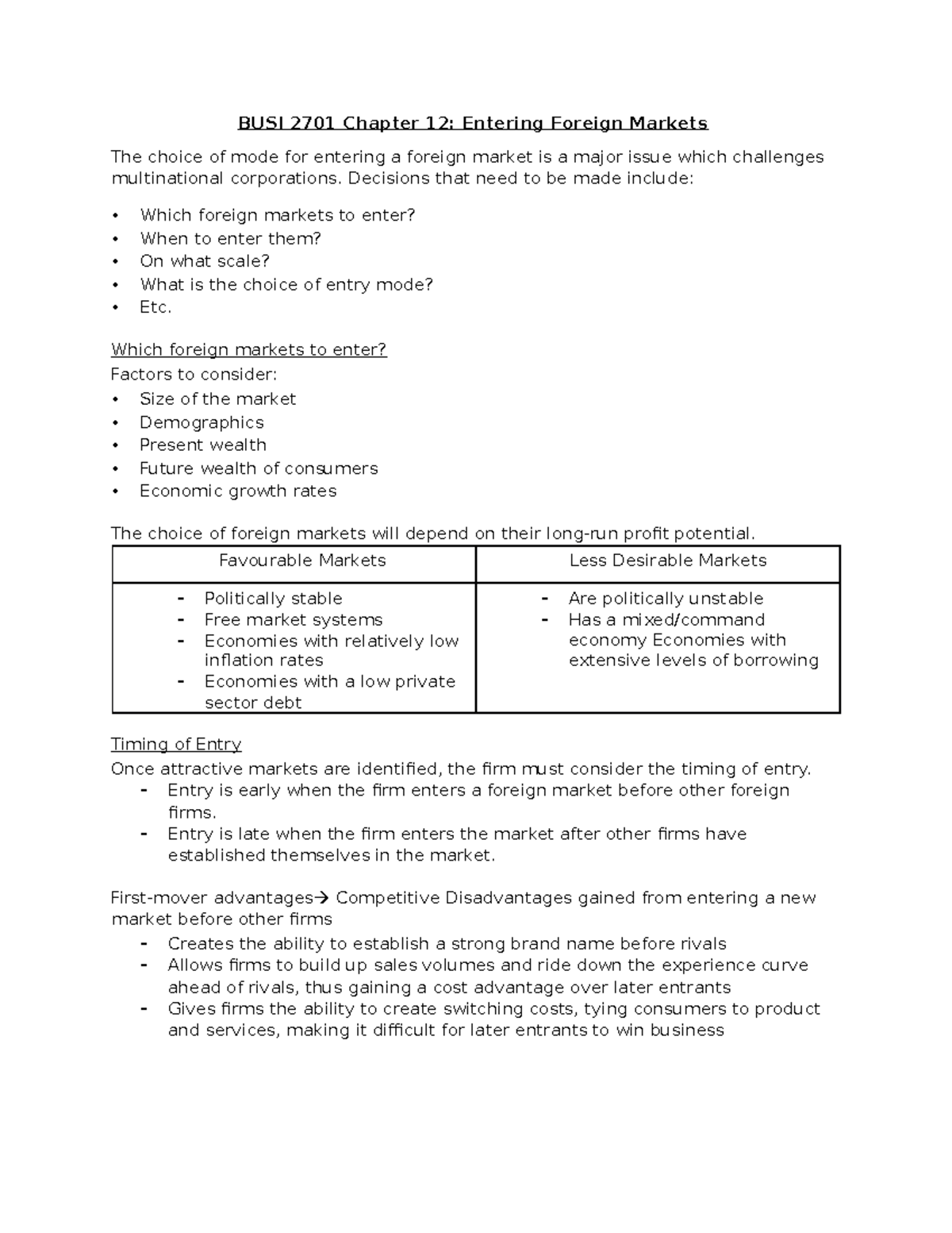 Chapter 12 Notes - Entering Foreign Markets - BUSI 2701 Chapter 12 ...