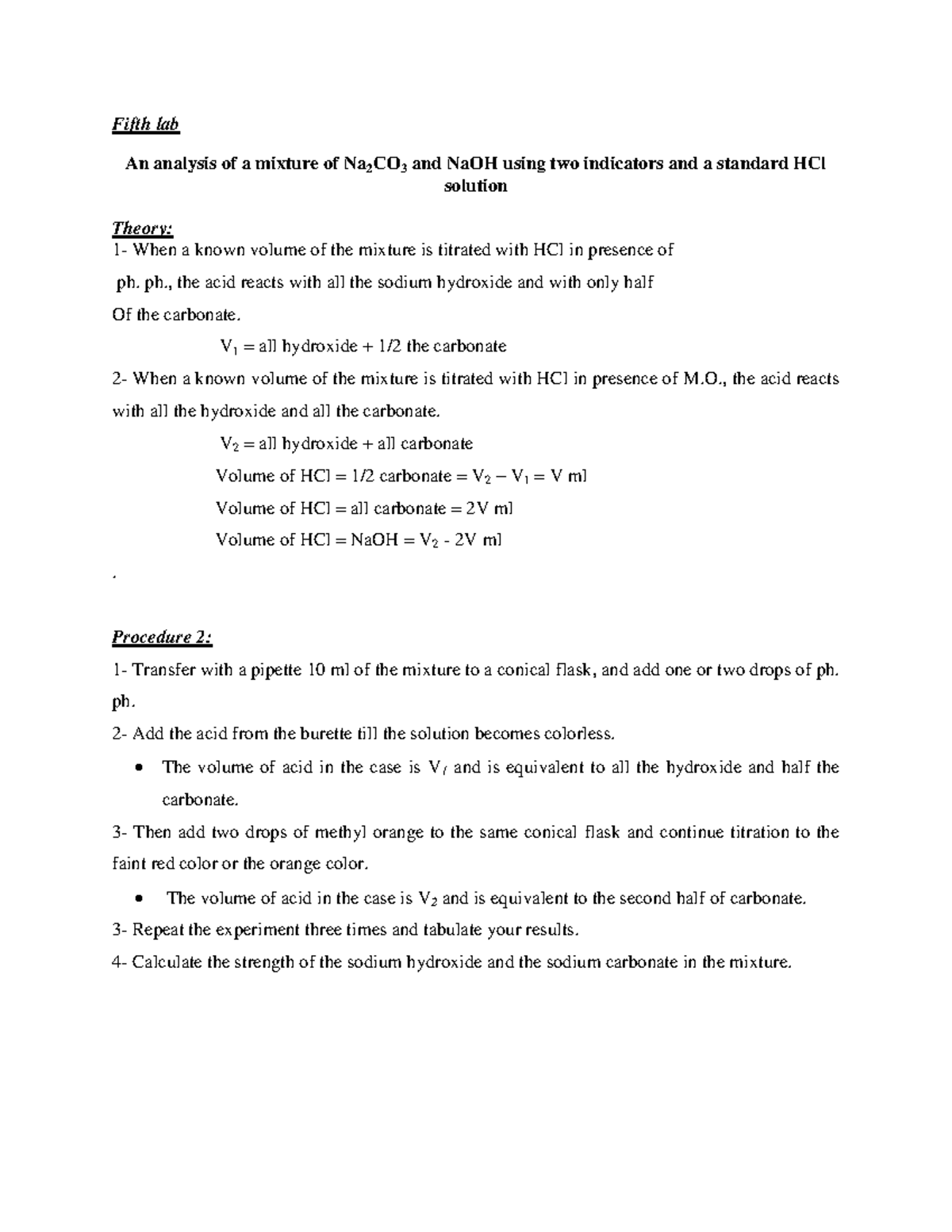 Experment 5 - experiment - Fifth lab An analysis of a mixture of Na 2 CO 3 and NaOH using two ...