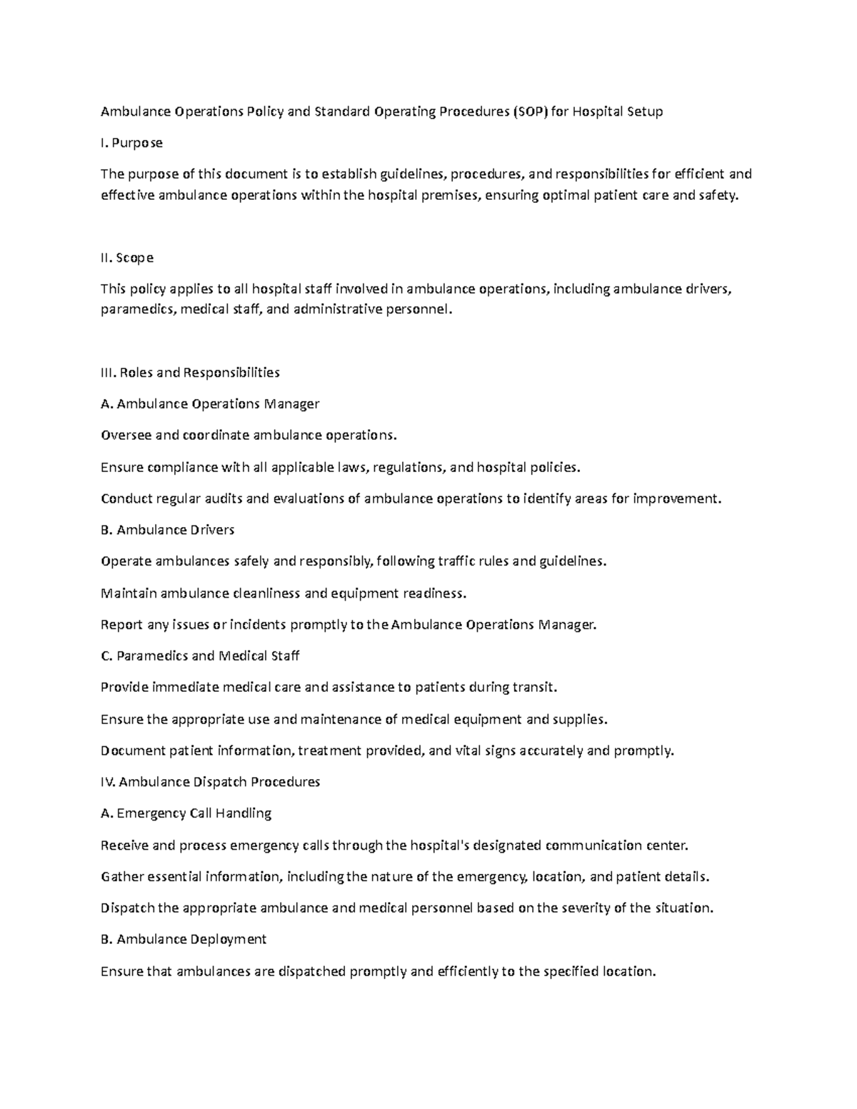 Ambulance Operations Policy and Standard Operating Procedures - Purpose ...