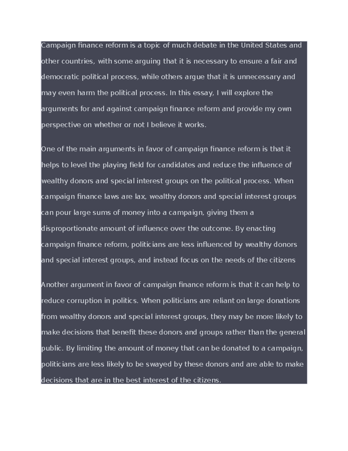 Campaign finance reform - In this essay, I will explore the arguments ...