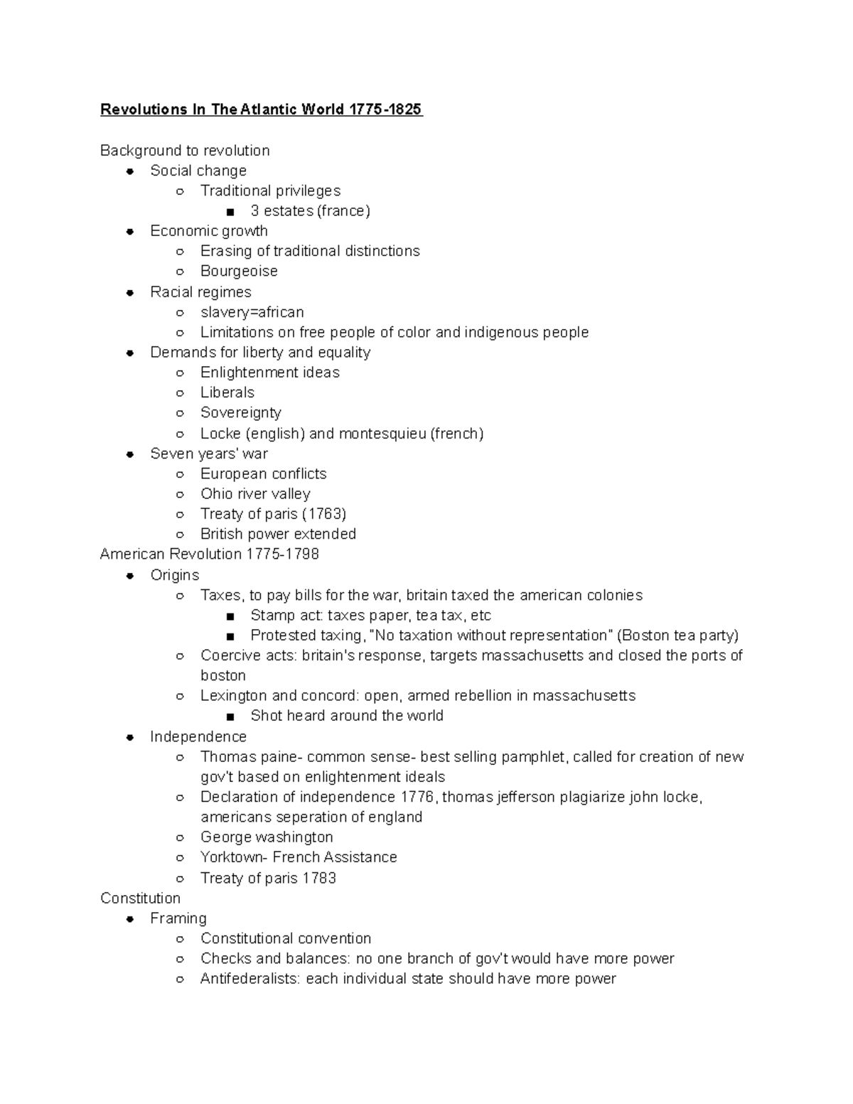 History Notes Unit 2 - Revolutions In The Atlantic World 1775-1825 ...