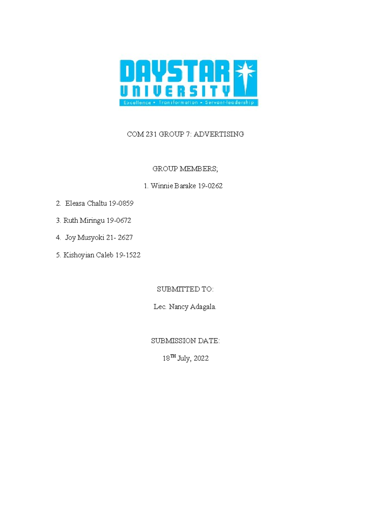 COM 231. Advertisement - COM 231 GROUP 7: ADVERTISING GROUP MEMBERS ...