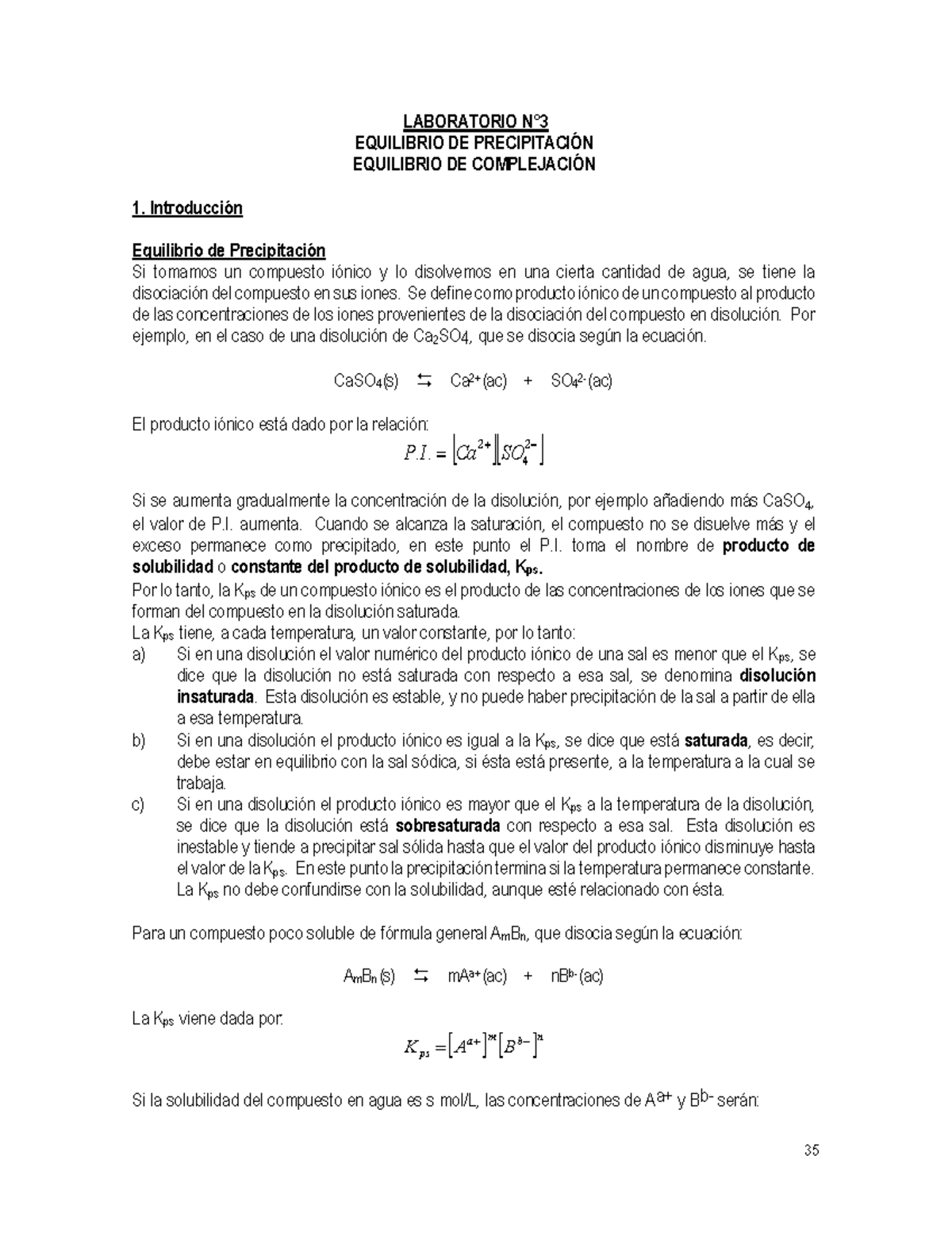 Guia Lab 3 - LABORATORIO N° EQUILIBRIO DE PRECIPITACIÓN EQUILIBRIO DE ...