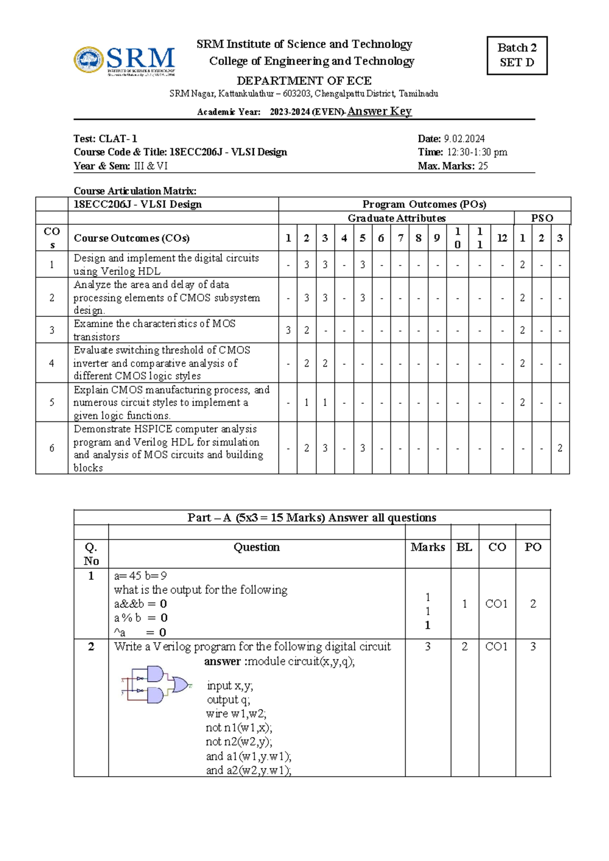 Vlsi Ct1 2023 2024 Set D Batch 2 Srm Institute Of Science And Technology College Of