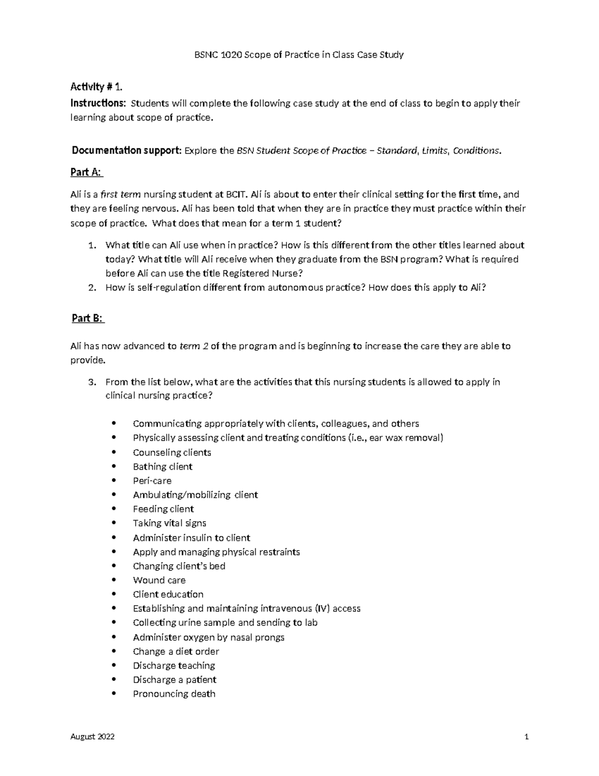 BSNC 1020 Scope of practice in class case study - Instructor Answer Key - Activity # 1. - Studocu