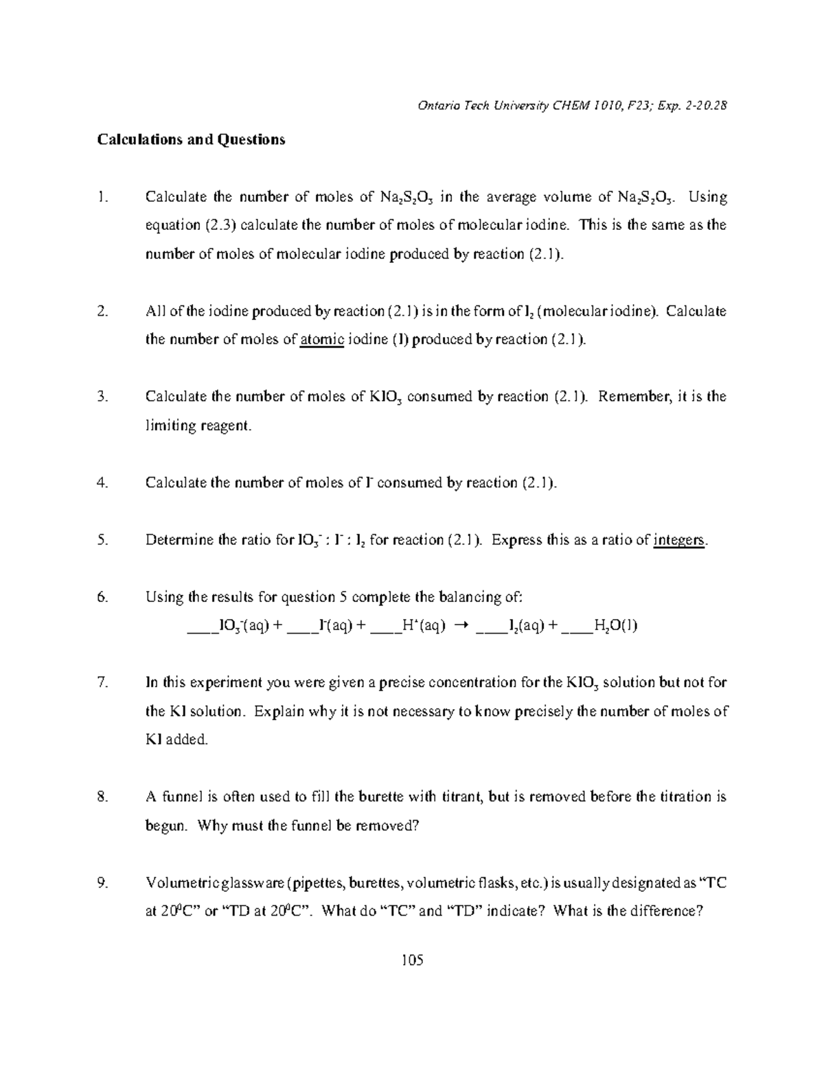 CHEM 1010 Lab 2 - lab 2 assignment - Ontario Tech University CHEM 1010 ...