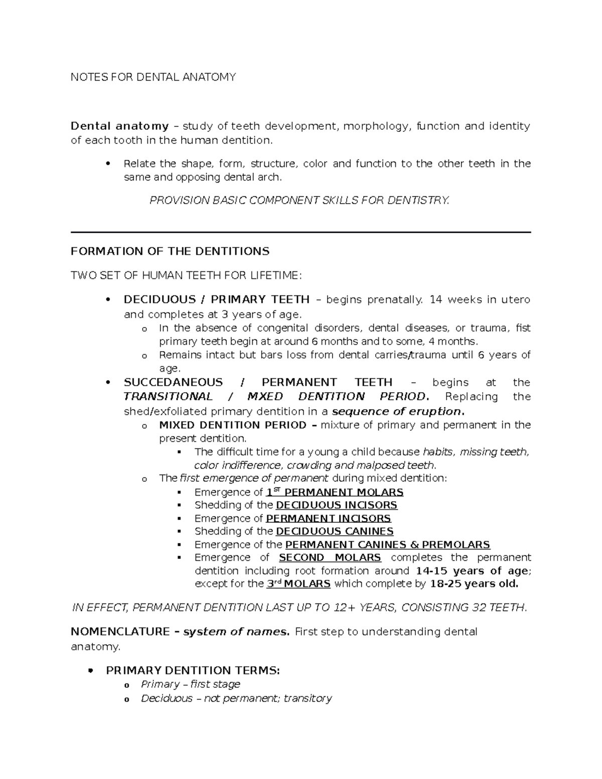 Notes FOR Dental Anatomy - NOTES FOR DENTAL ANATOMY Dental anatomy ...