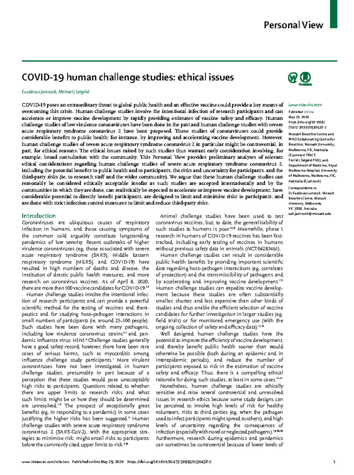 The ethics of Human Testing for Covid 19 Vaccine - Lancet Infect Dis ...